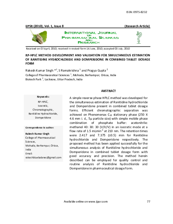 Pdf Rp Hplc Method Development And Validation For Simultaneous Estimation Of Ranitidine