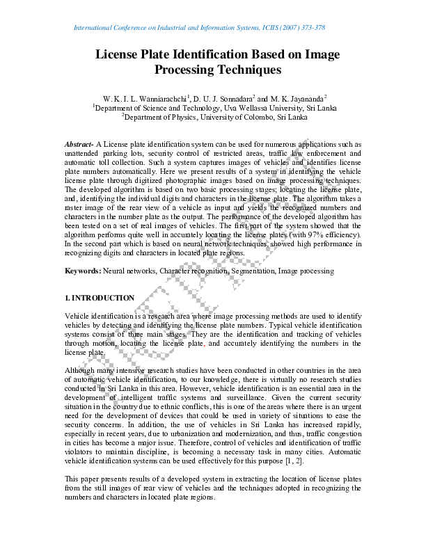 (PDF) License plate identification based on image processing techniques