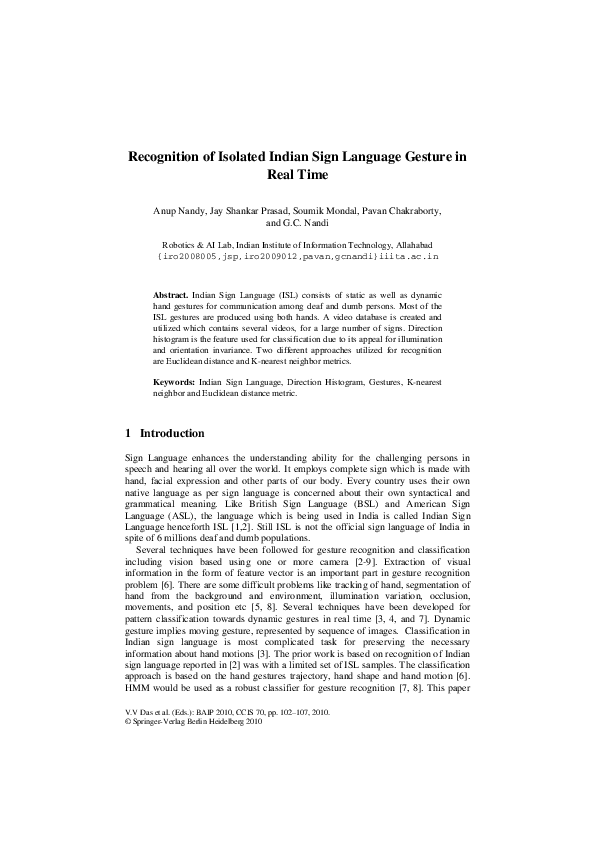 (PDF) Recognition of isolated indian sign language gesture in real time
