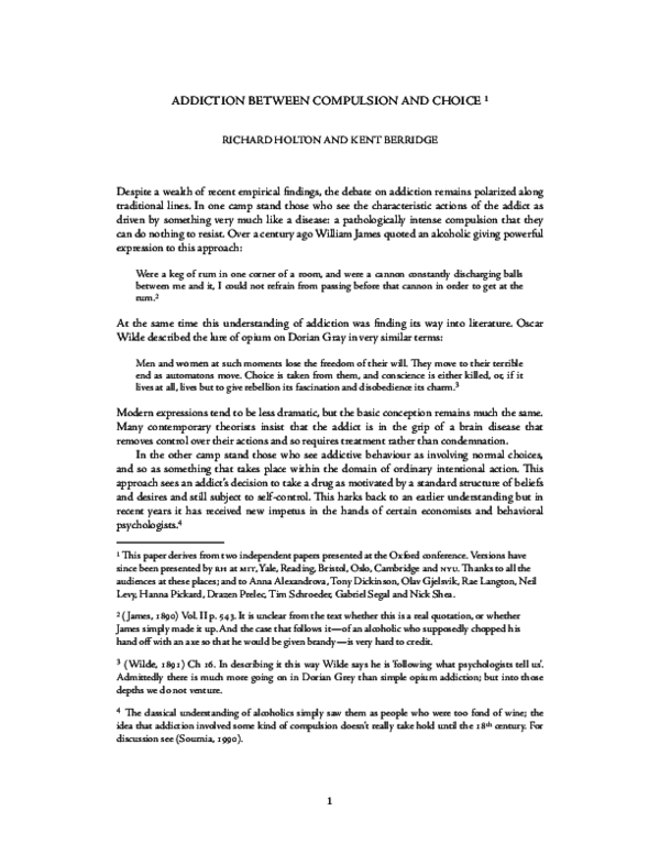 (PDF) Addiction Between Compulsion and Choice (with Kent Berridge)