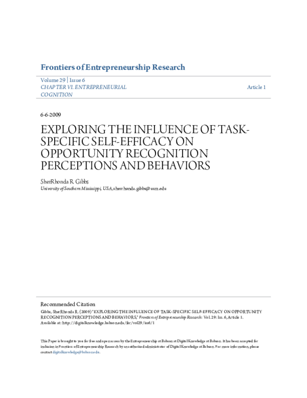 Pdf Exploring The Influence Of Task Specific Self Efficacy On Opportunity Recognition