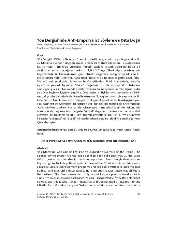 (PDF) Yön Dergisi'nde Anti-Emperyalist Söylem ve Ortadoğu