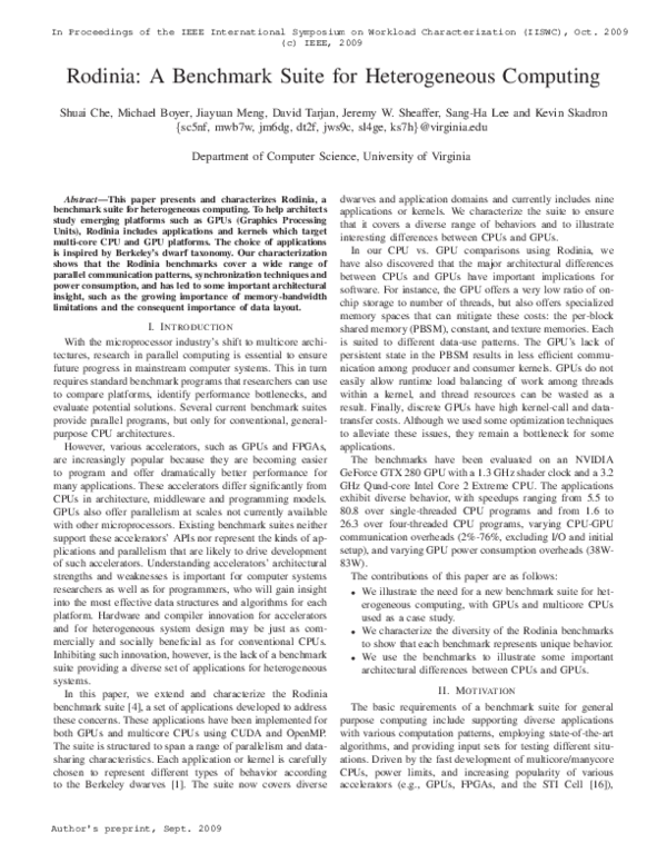 Pdf Rodinia A Benchmark Suite For Heterogeneous Computing