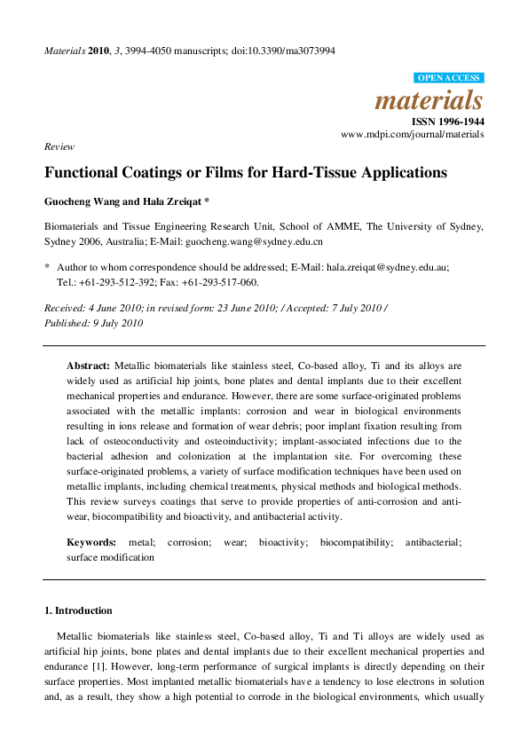 (PDF) Functional coatings or films for hard-tissue applications