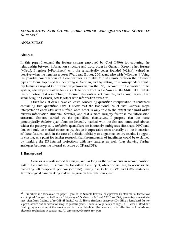 Pdf Information Structure Word Order And Quantifier Scope In German