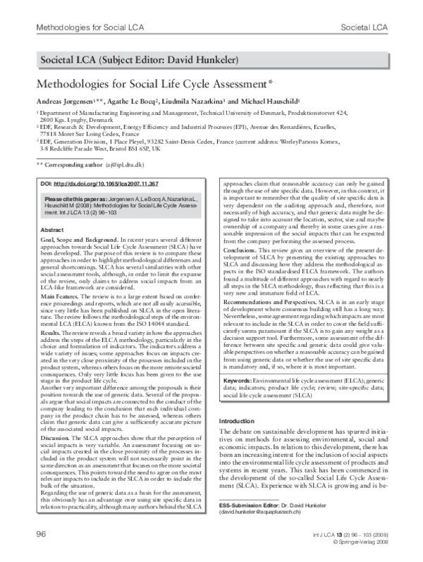 (PDF) Methodologies for social life cycle assessment