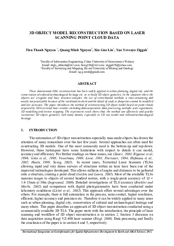 (PDF) 3D OBJECT MODEL RECONSTRUCTION BASED ON LASER SCANNING POINT CLOUD DATA