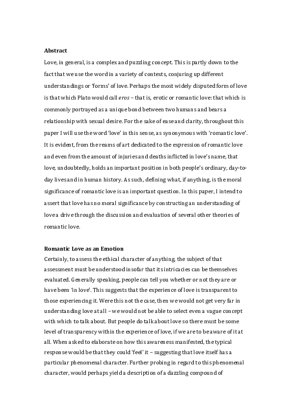 (DOC) What, if anything, is the moral significance of romantic love?
