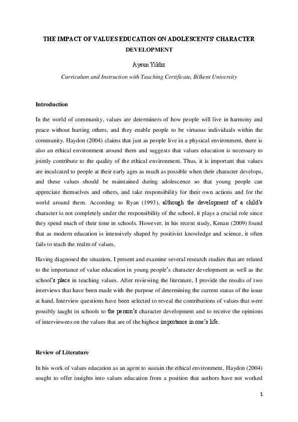 (DOC) The impact of values education on adolescents' character development