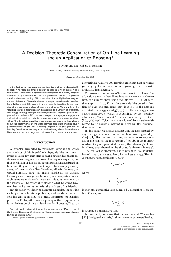 (PDF) A decision-theoretic generalization of on-line learning and an application to boosting