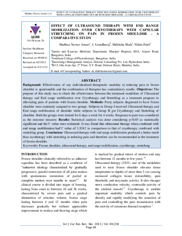 Effect Of Ultrasound Therapy With End Range Mobilization Over Cryotherapy With Capsular