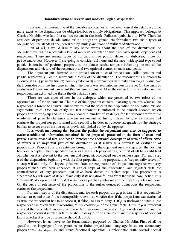(PDF) Hamblin's formal dialectic and medieval logical disputation