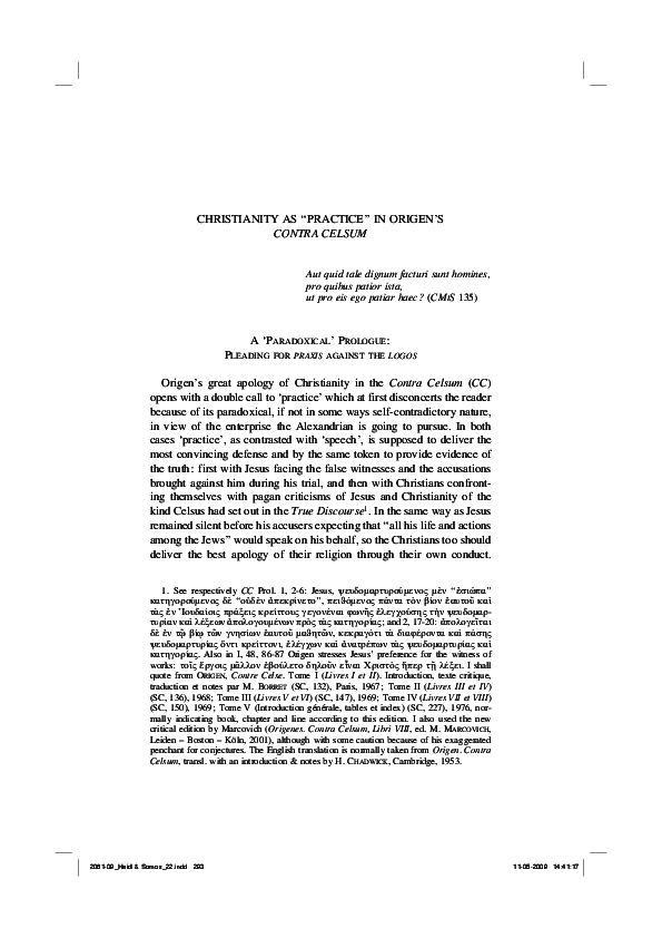 (PDF) Christianity as ‘Practice’ in Origen’s «Contra Celsum»