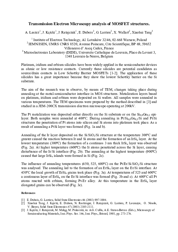 (PDF) Transmission Electron Microscopy analysis of MOSFET structures