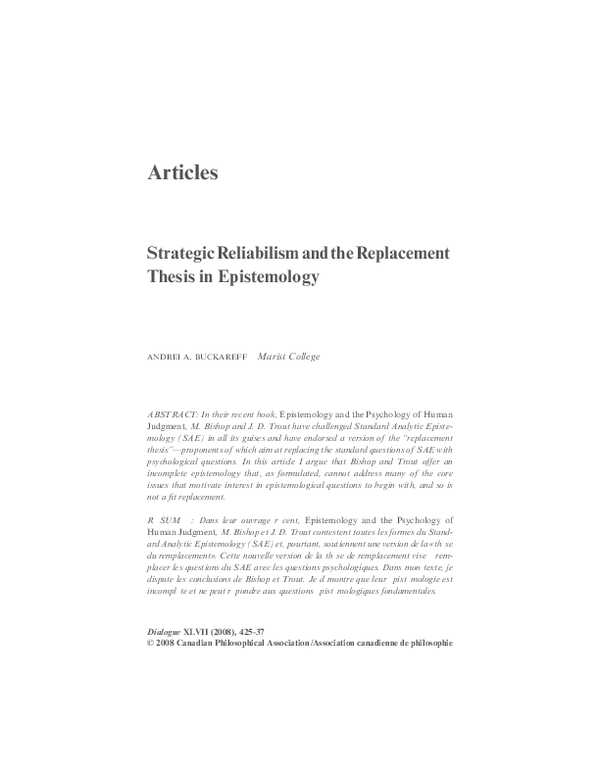 (PDF) Strategic Reliabilism and the Replacement Thesis in Epistemology