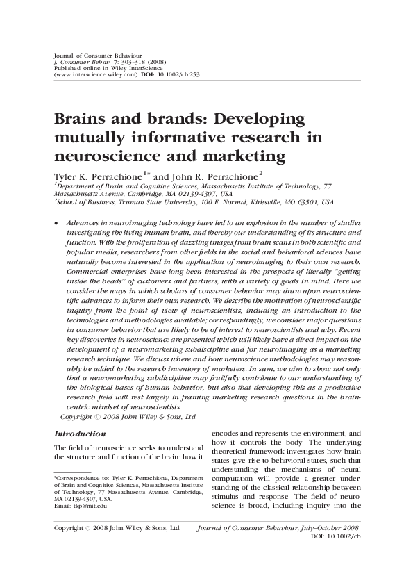 (PDF) Brains and brands: developing mutually informative research in neuroscience and marketing