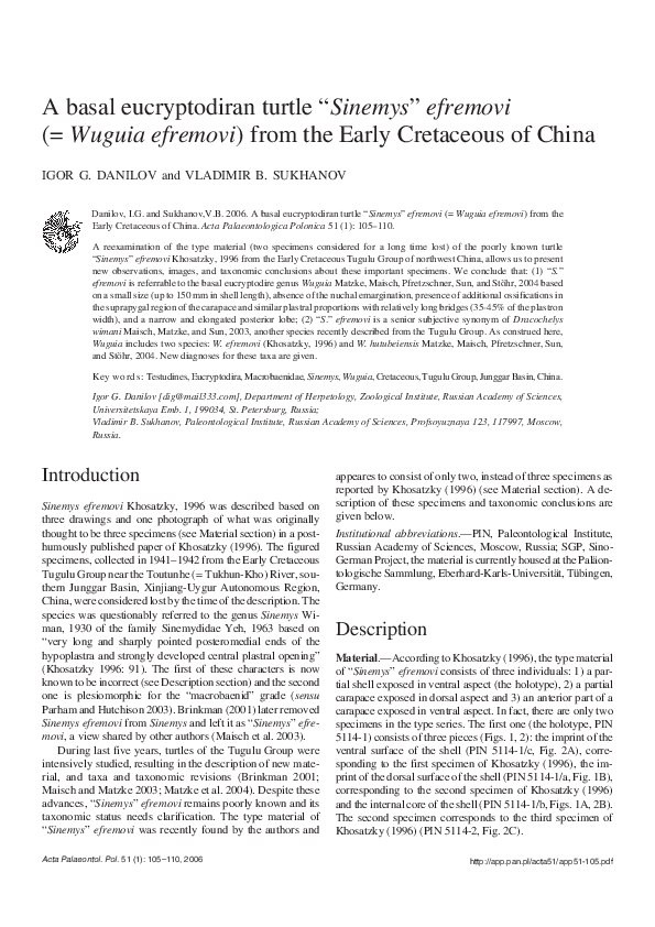 (PDF) A basal eucryptodiran turtle "Sinemys" efremovi (= Wuguia ...