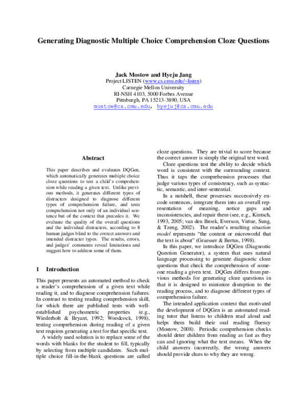 (PDF) Generating Diagnostic Multiple Choice Comprehension Cloze Questions