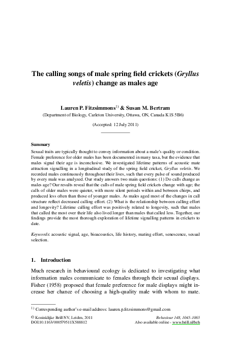 (PDF) The calling songs of male spring field crickets (Gryllus veletis ...