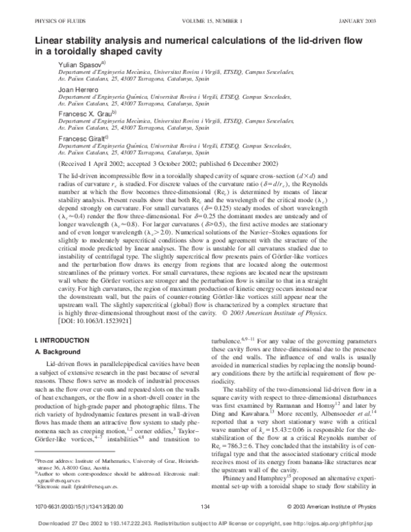 (PDF) Linear stability analysis and numerical calculations of the lid-driven flow in a ...