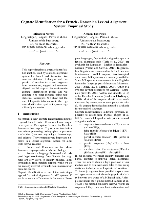(PDF) Cognate Identification for a French-Romanian Lexical Alignment System: Empirical Study