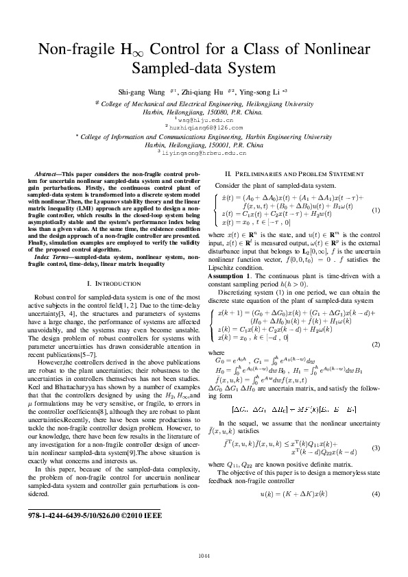 (PDF) Non-fragile H∞ control for a class of nonlinear sampled-data system