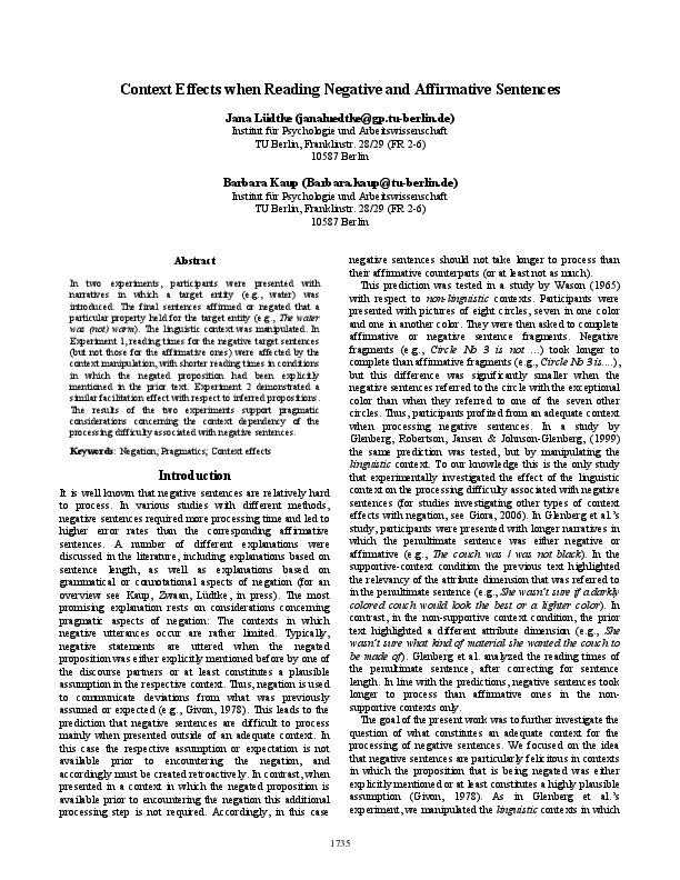(PDF) Context Effects when Reading Negative and Affirmative Sentences