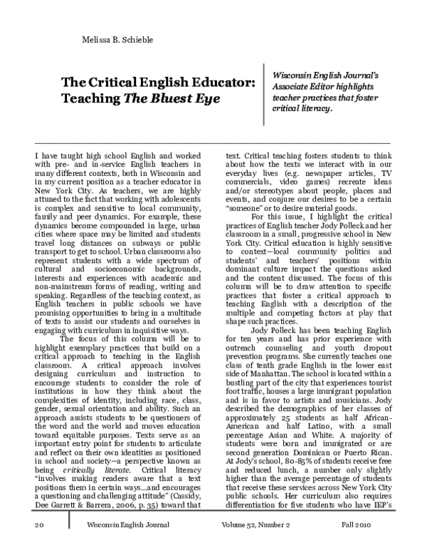 (PDF) The Critical English Educator: Teaching The Bluest Eye