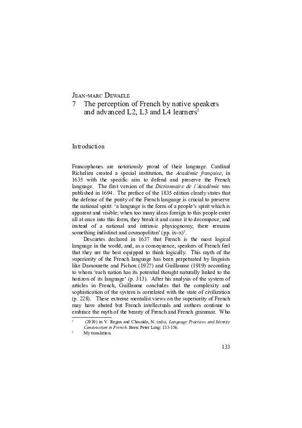 (DOC) The perception of French by native speakers and advanced L2, L3 ...