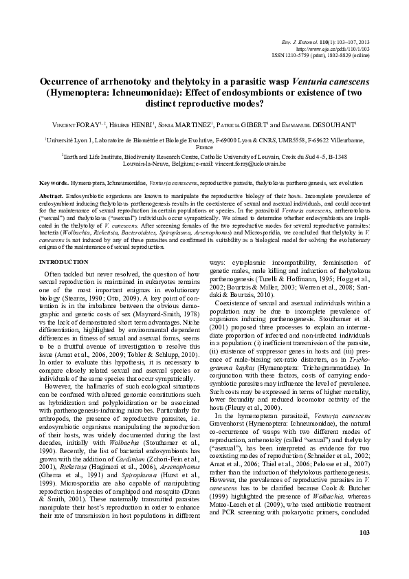 Occurrence of arrhenotoky and thelytoky in a parasitic wasp: effect of ...