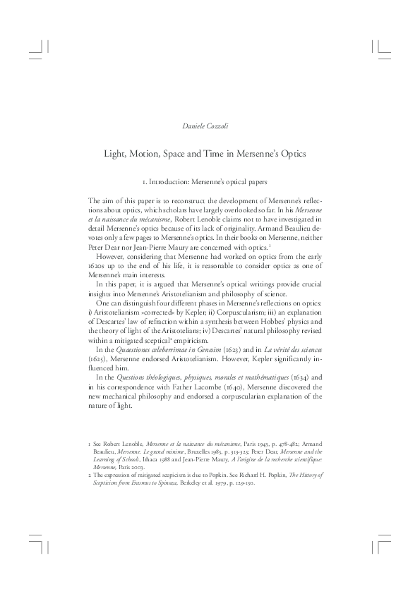 (PDF) Light, Motion, Space and Time in Mersenne’s Optics