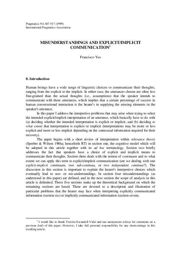 Misunderstandings And Explicit Implicit Communication