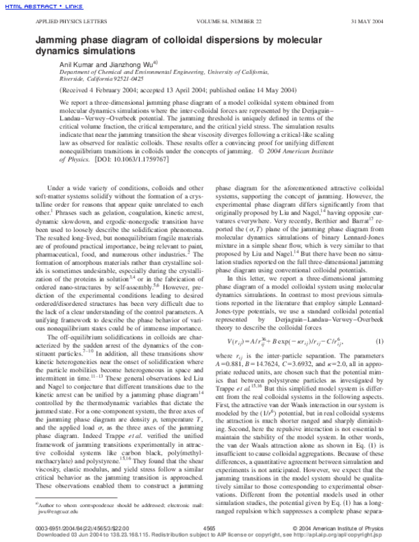 (PDF) Jamming phase diagram of colloidal dispersions by molecular ...