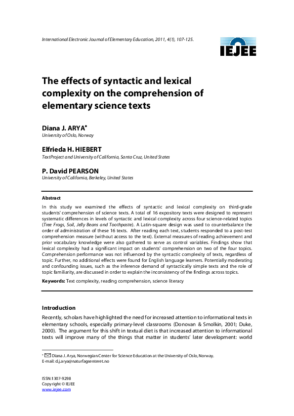 Pdf The Effects Of Syntactic And Lexical Complexity On The Comprehension Of Elementary Science