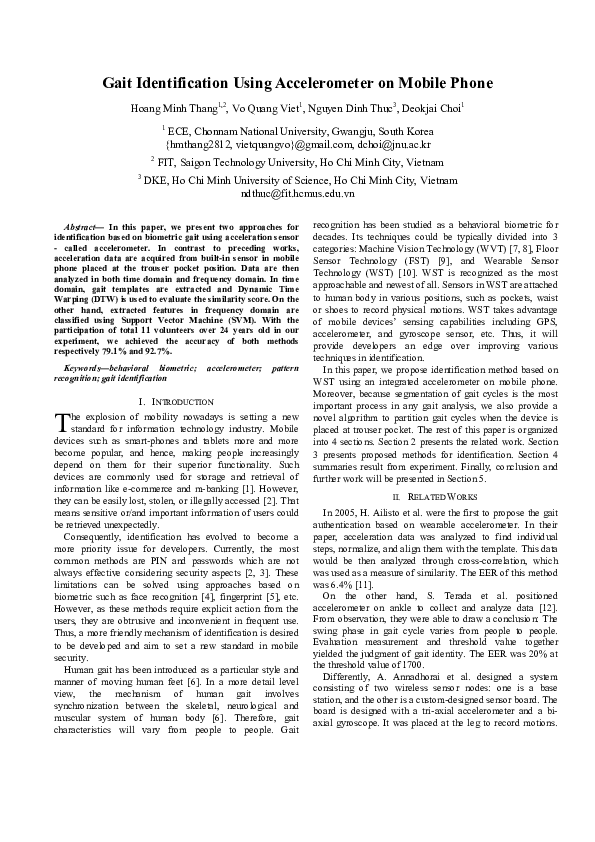 (PDF) Gait Identification Using Accelerometer on Mobile Phone