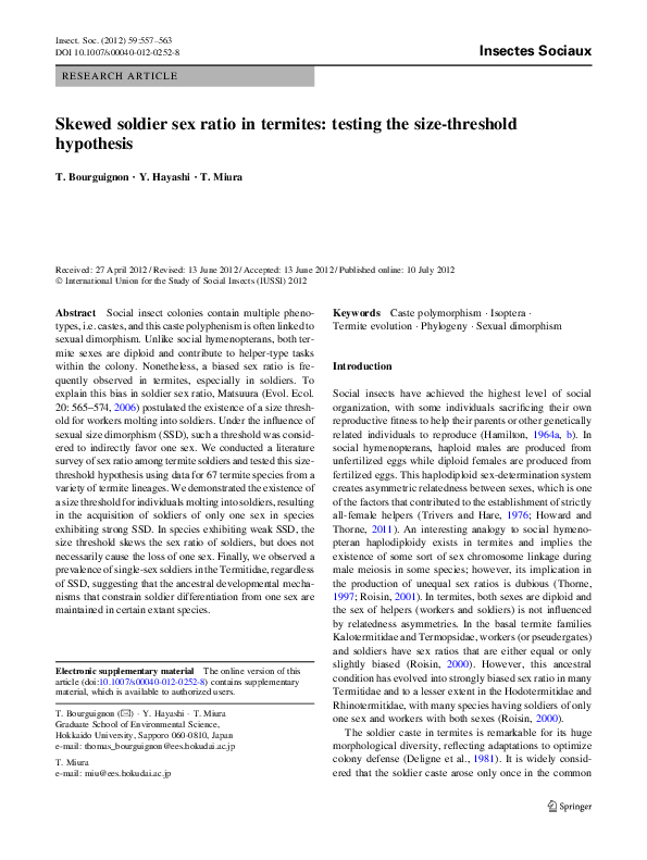 Pdf Skewed Soldier Sex Ratio In Termites Testing The Size Threshold Hypothesis