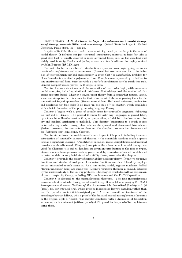 (PDF) "A First Course in Logic" by Shawn Hedman