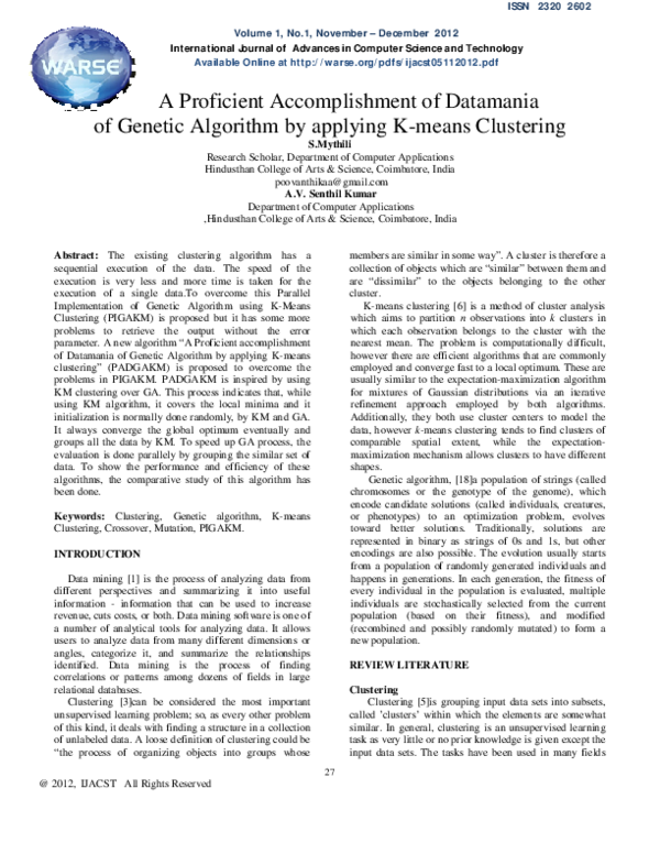 (PDF) A Proficient Accomplishment of Datamania of Genetic Algorithm by applying K-means Clustering