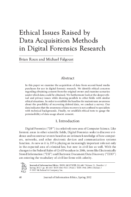 (PDF) Ethical Issues Raised by Data Acquisition Methods in Digital Forensics Research