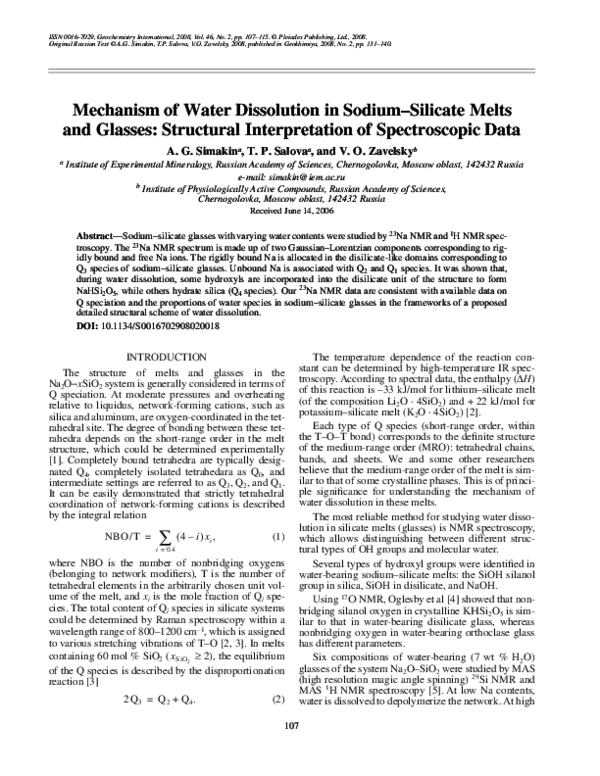 (PDF) Mechanism of Water Dissolution in Sodium–Silicate Melts and ...