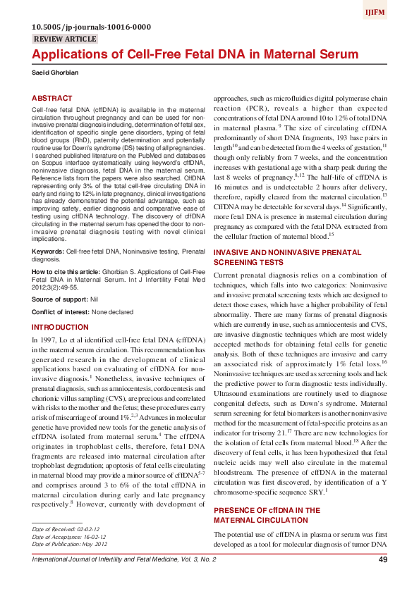 (PDF) Applications of Cell-Free Fetal DNA in Maternal Serum