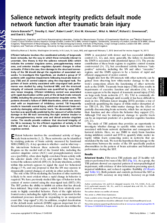 (PDF) Salience network integrity predicts default mode network function ...