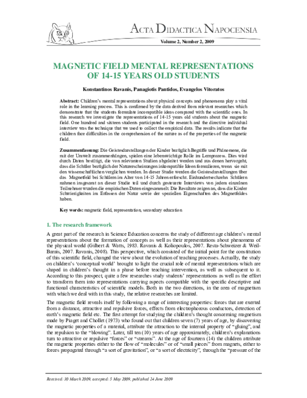 (PDF) Ravanis, K. Pantidos, P. Vitoratos, E. (2009). Magnetic field mental representations of 14 ...