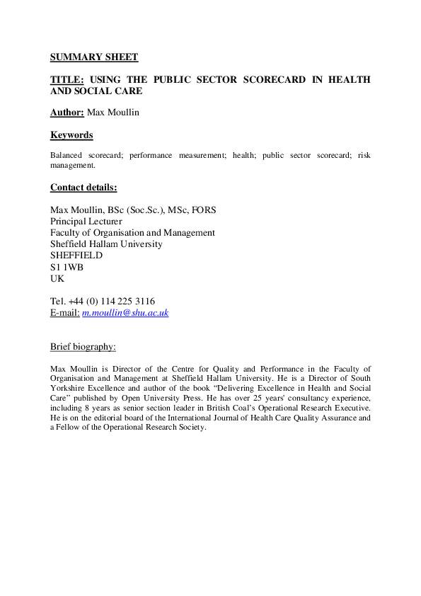 (PDF) TITLE: USING THE PUBLIC SECTOR SCORECARD IN HEALTH AND SOCIAL CARE