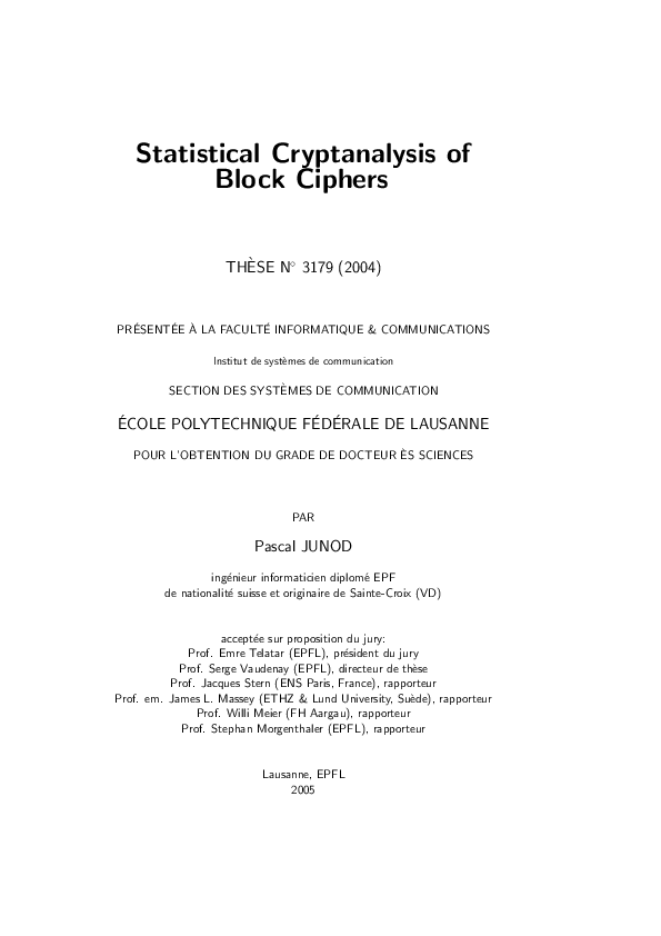 (PDF) Statistical Cryptanalysis of Block Ciphers