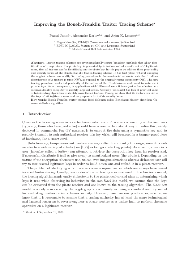 (PDF) Improving the Boneh-Franklin Traitor Tracing Scheme