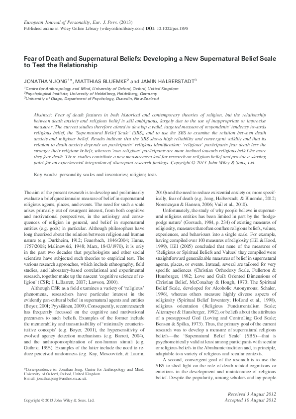 (PDF) Fear of death and supernatural beliefs: Developing a new ...