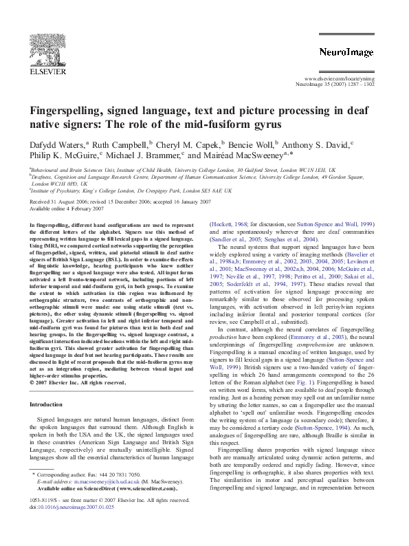 (PDF) Fingerspelling, signed language, text and picture processing in deaf native signers: The ...
