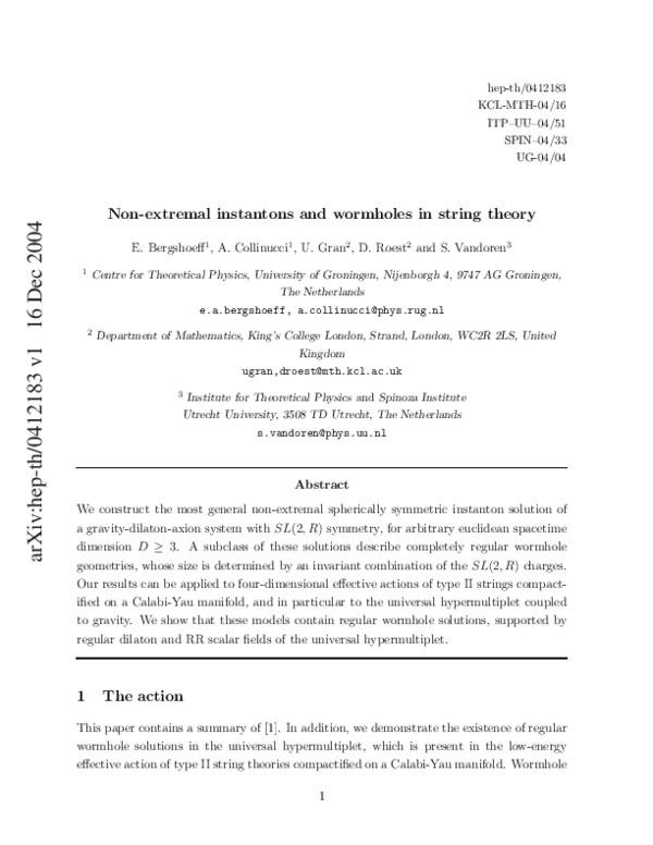 Pdf Non Extremal Instantons And Wormholes In String Theory