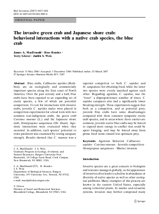 (PDF) The invasive green crab and Japanese shore crab: behavioral ...